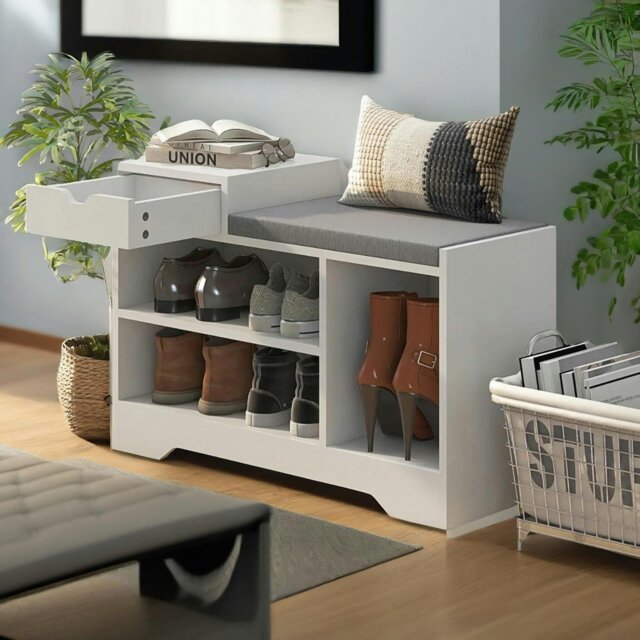 Rackhams Industrial Shoe Storage Bench With 3 Open Shelves White by ...