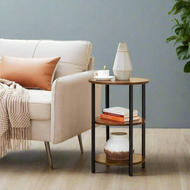 Rackhams 3-Tier Round Sofa Side Table – Rustic Brown & Black Industrial ...