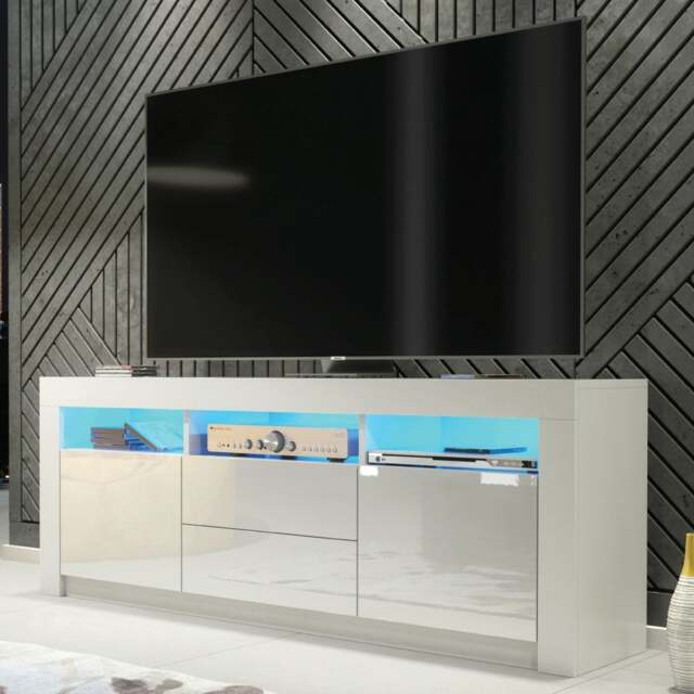 Rackhams Spacious 160cm TV Unit & Cabinet with White Gloss Doors and ...