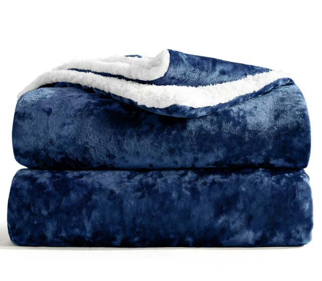 Rackhams Crushed Velvet Sherpa Reverse Throw - Navy by Rackhams | ufurnish.com