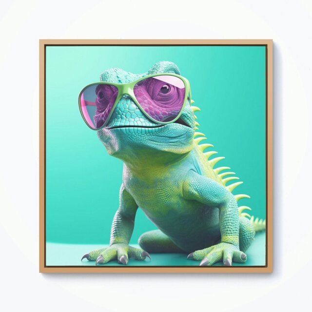 "Rackhams Happy Splash Art Iguana Wearing Glasses Framed Canvas - - 10"" x 10"" - Pine" by ...