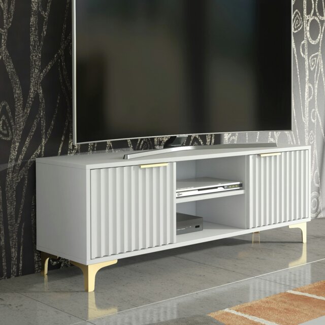 Rackhams Bold White 120cm TV Unit with Ribbed Fronts and Gold Accents ...
