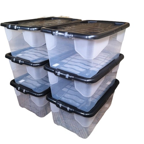 Rackhams 6 x 42L Clear Storage Box with Black Lid, Stackable and ...