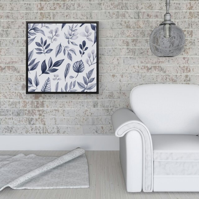 "Rackhams Grey Hand Drawn Leaves Framed Canvas - - Black - 16"" x 16 ...