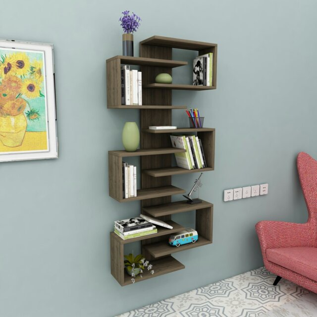 Rackhams Floating Bookcase with Geometric Shelves Rozalin 161 cm Tall ...