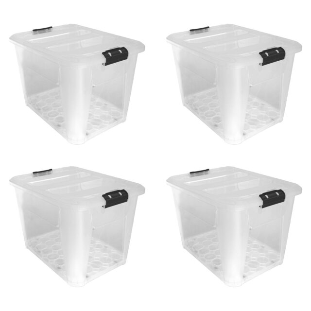 Rackhams Plastic Secure Clip Lidded Storage Box with Wheels, Stackable ...