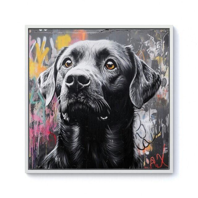 "Rackhams Banksy Inspired Black Labrador Framed Canvas - - White - 10 ...