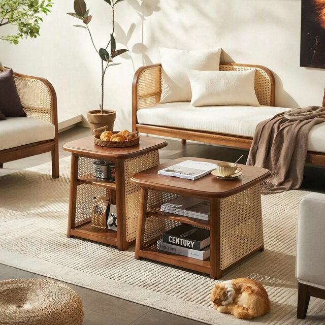 Rackhams Nordic Square Coffee Table Set, Rattan - Light Oak by Rackhams | ufurnish.com