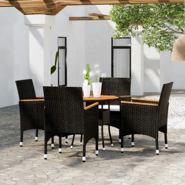Rackhams 5 Piece Garden Bistro Set Poly Rattan and Solid Wood Black ...
