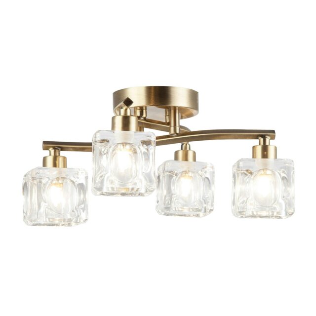 Rackhams Modern Antique Brass 4-Bulb Ceiling Light with Square Clear ...