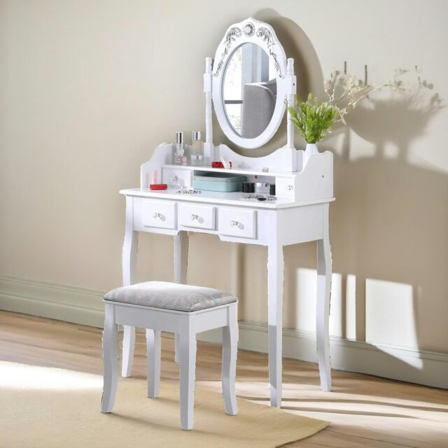 Rackhams 5 Drawer White Dressing Table With Round Mirror And Stool by ...