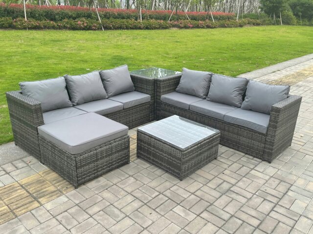 Rackhams 7 Seater Dark Mixed Grey Rattan Corner Sofa Outdoor Garden ...