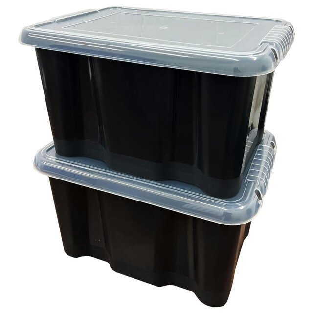 Rackhams 24 Litre Large Black Plastic Storage Boxes With See Through ...