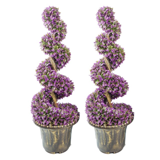 Rackhams 90cm Pair of Purple Large Leaf Spiral Topiary Trees with ...