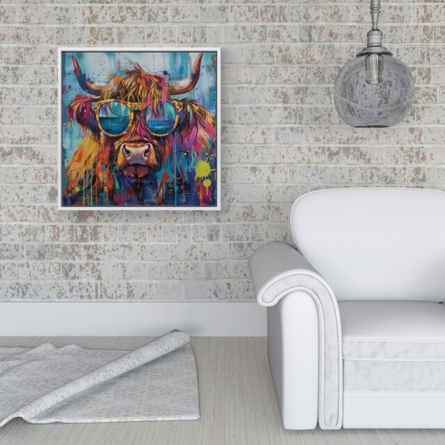 "Rackhams Splash Art Highland Cow With Glasses Framed Canvas - 16"" x ...
