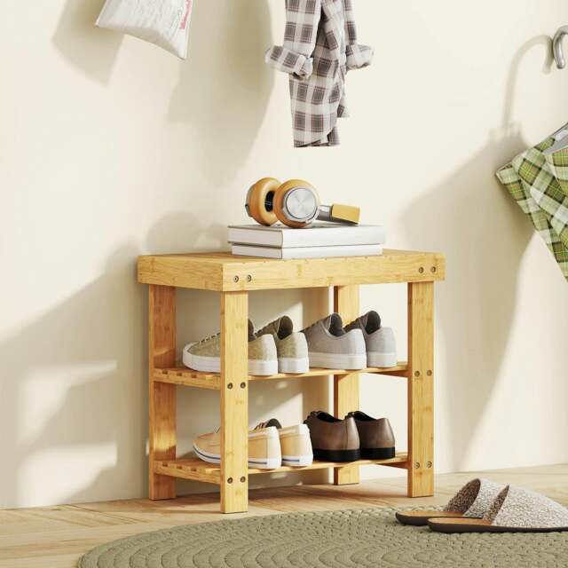 Rackhams 3-Tier Bamboo Shoe Bench with 2 Shelves for Entryway, White ...