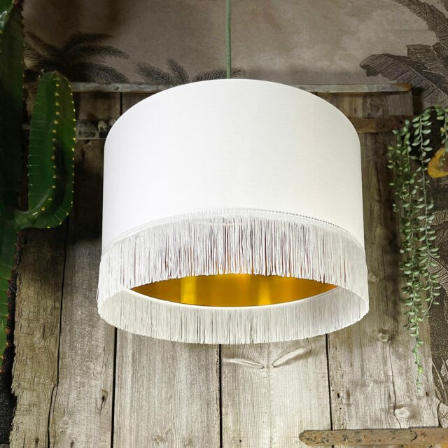 "Rackhams Crisp White Lampshade with Gold Lining & White Fringing - 60cm Diameter x 20cm Height ...
