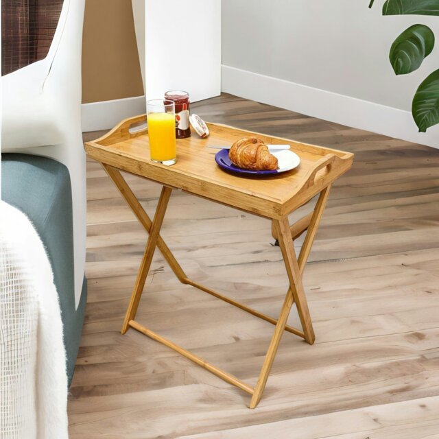 Rackhams Wooden Folding Side Table With Detachable Serving Tray Brown by Rackhams | ufurnish.com
