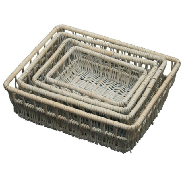 Rackhams Set of 4 Provence Wicker Shallow Storage Baskets - White ...