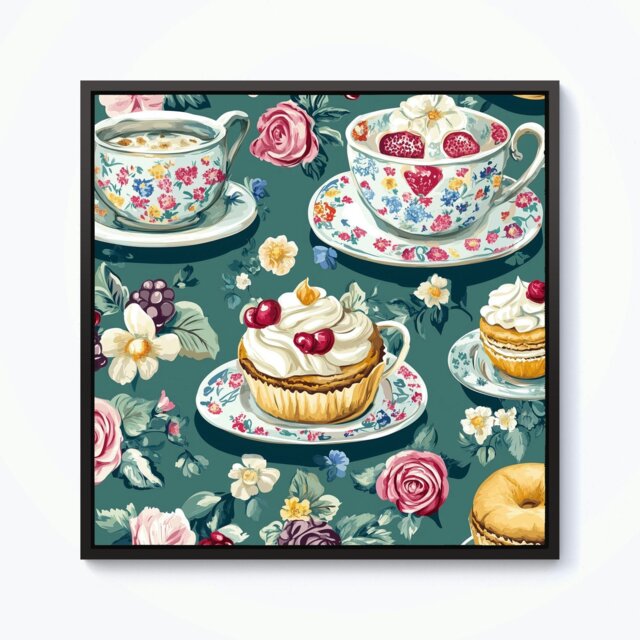 "Rackhams Vintage Tea Party Framed Canvas - - Black - 30"" x 30""" by ...