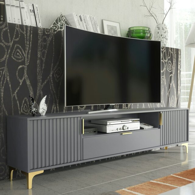 Rackhams Luxurious Grey TV Stand with Fluted Doors & Gold Accents ...
