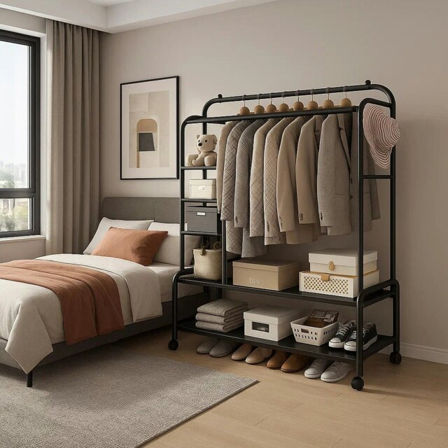 Rackhams Black Heavy Duty Double Clothes Rail with Wheels – Garment ...