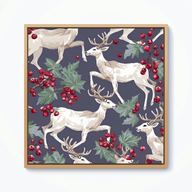 "Rackhams Reindeers And Holly Framed Canvas - - 30"" x 30"" - Pine" by ...
