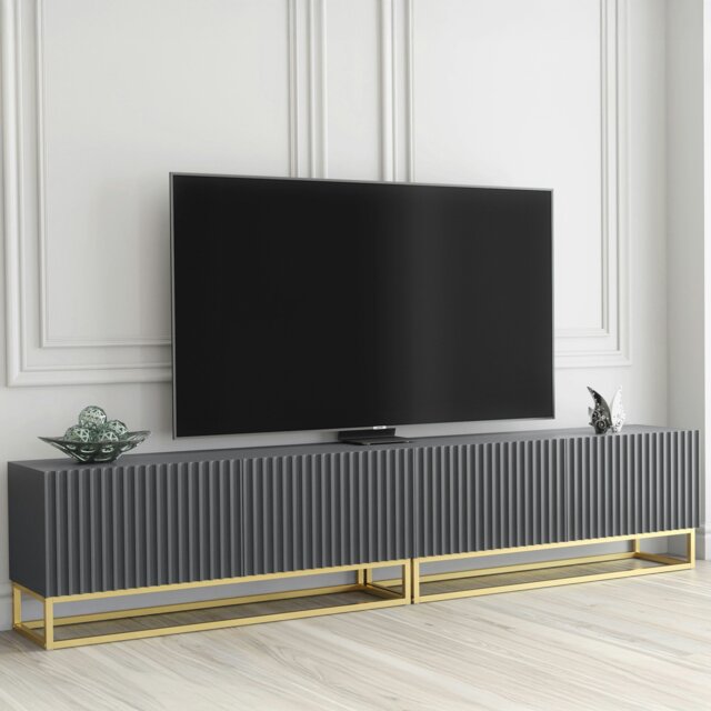 Rackhams Modular Grey TV Unit with Gold Base 200cm – Fluted Fronts ...