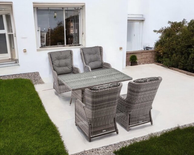 4 Reclining Rattan Garden Dining Chairs & Rectangular Table in Grey ...