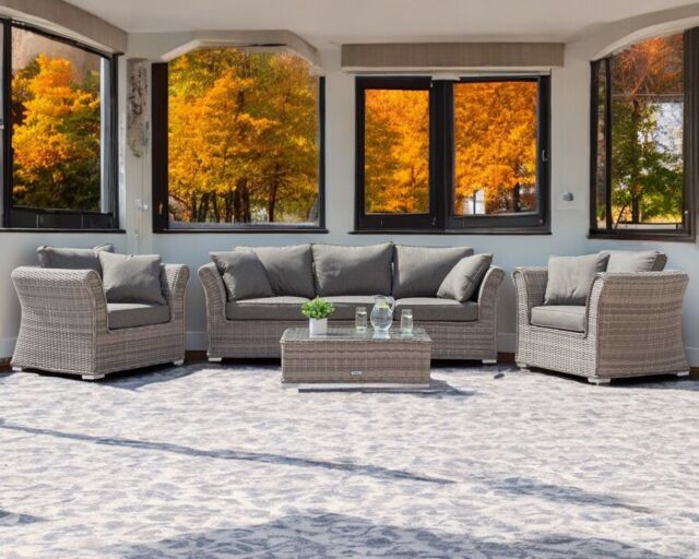 3 Seater Rattan Conservatory Sofa & Armchair Set in Grey - Lisbon ...