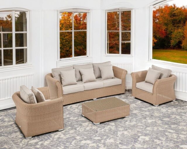 3 Seater Rattan Conservatory Sofa & Armchair Set in Willow - Lisbon ...