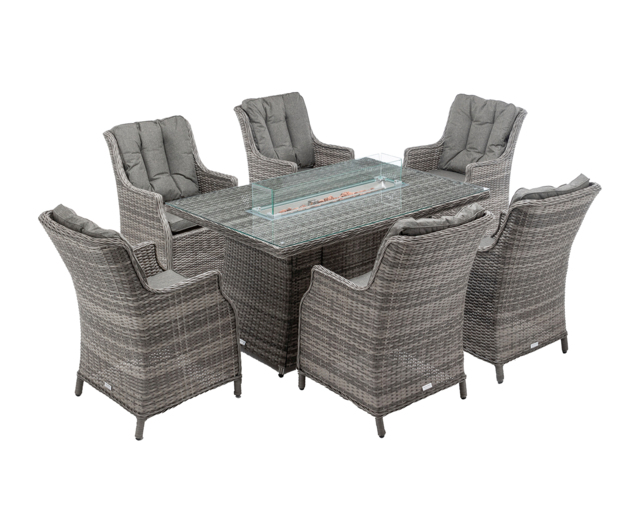 6 Seat Rattan Garden Dining Set With Rectangular Table in Grey With Fire Pit - Riviera - Rattan ...