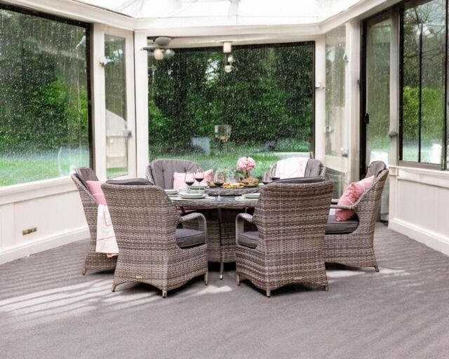 Rattan Conservatory Set with 6 Dining Chairs & Large Round Table in ...