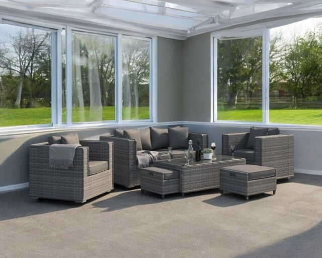 2 Seater Rattan Conservatory Sofa & Armchair Set With Coffee Table in ...