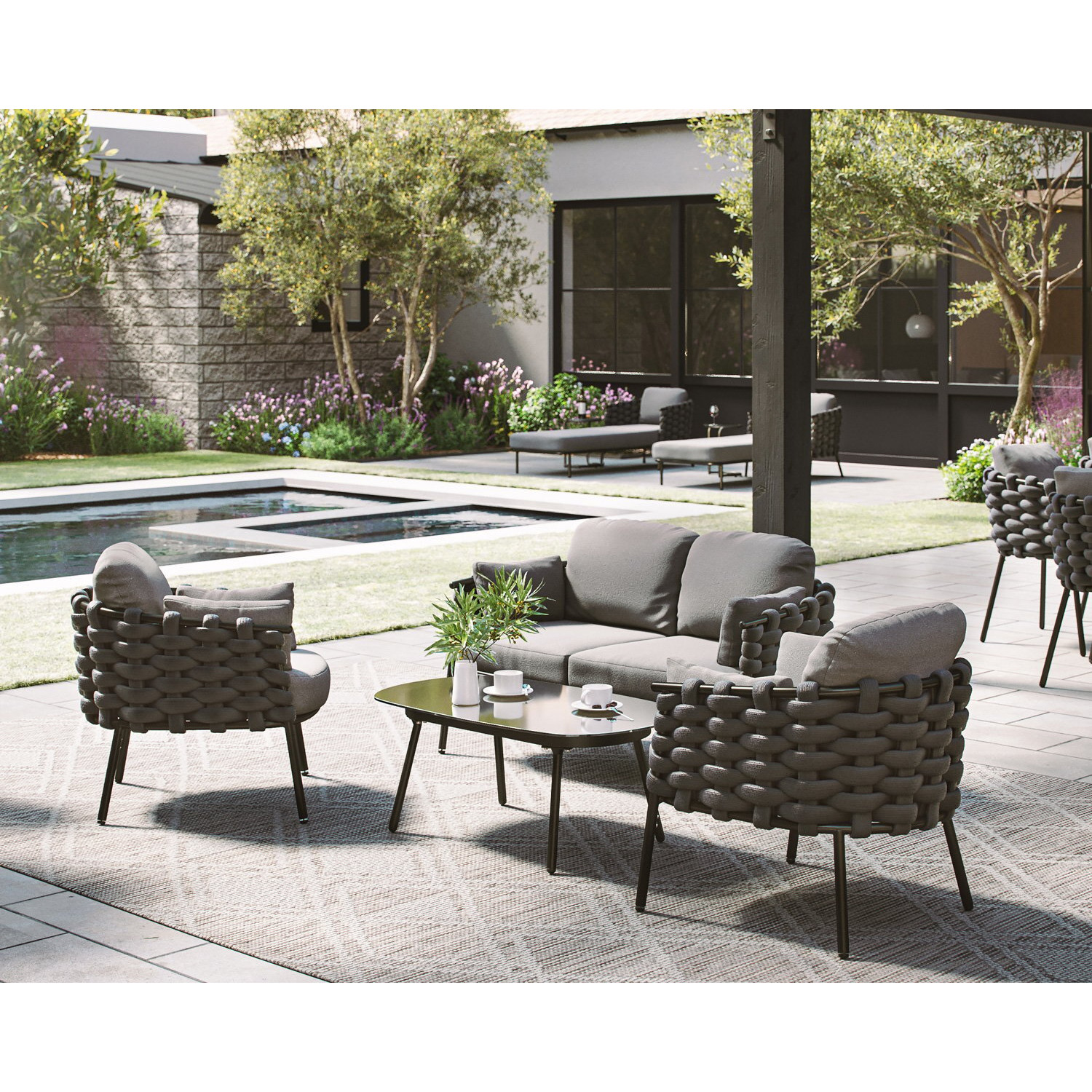 Rope Weave 2 Seater Garden Sofa Set in Grey with 2 Chairs - Selene ...