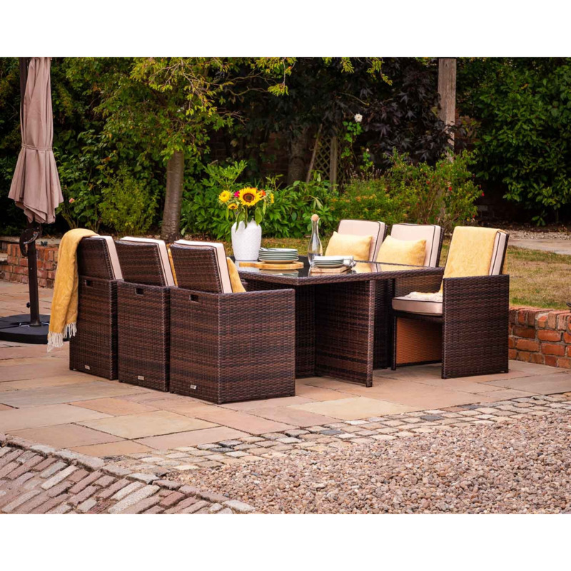 6 Seater Rattan Garden Cube Dining Set in Brown - Barcelona - Rattan ...