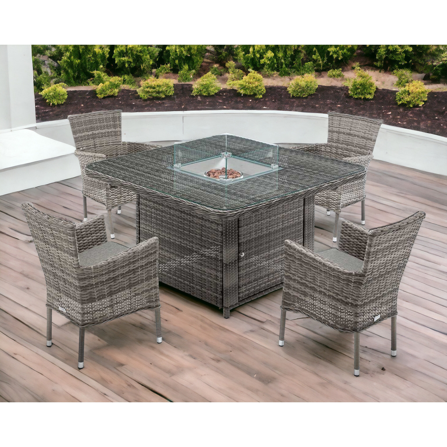 4 Seat Rattan Garden Dining Set With Square Table in Grey With Fire Pit ...