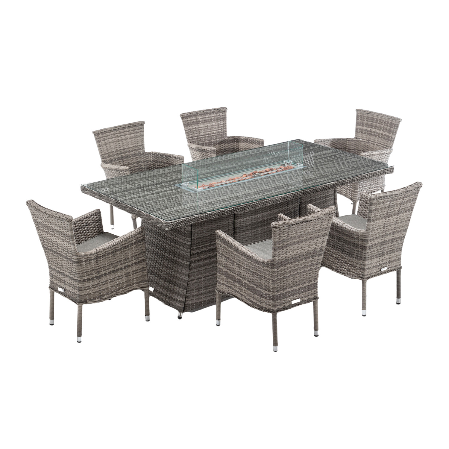 6 Seater Rattan Garden Dining Set With Round Table in Grey With Fire ...