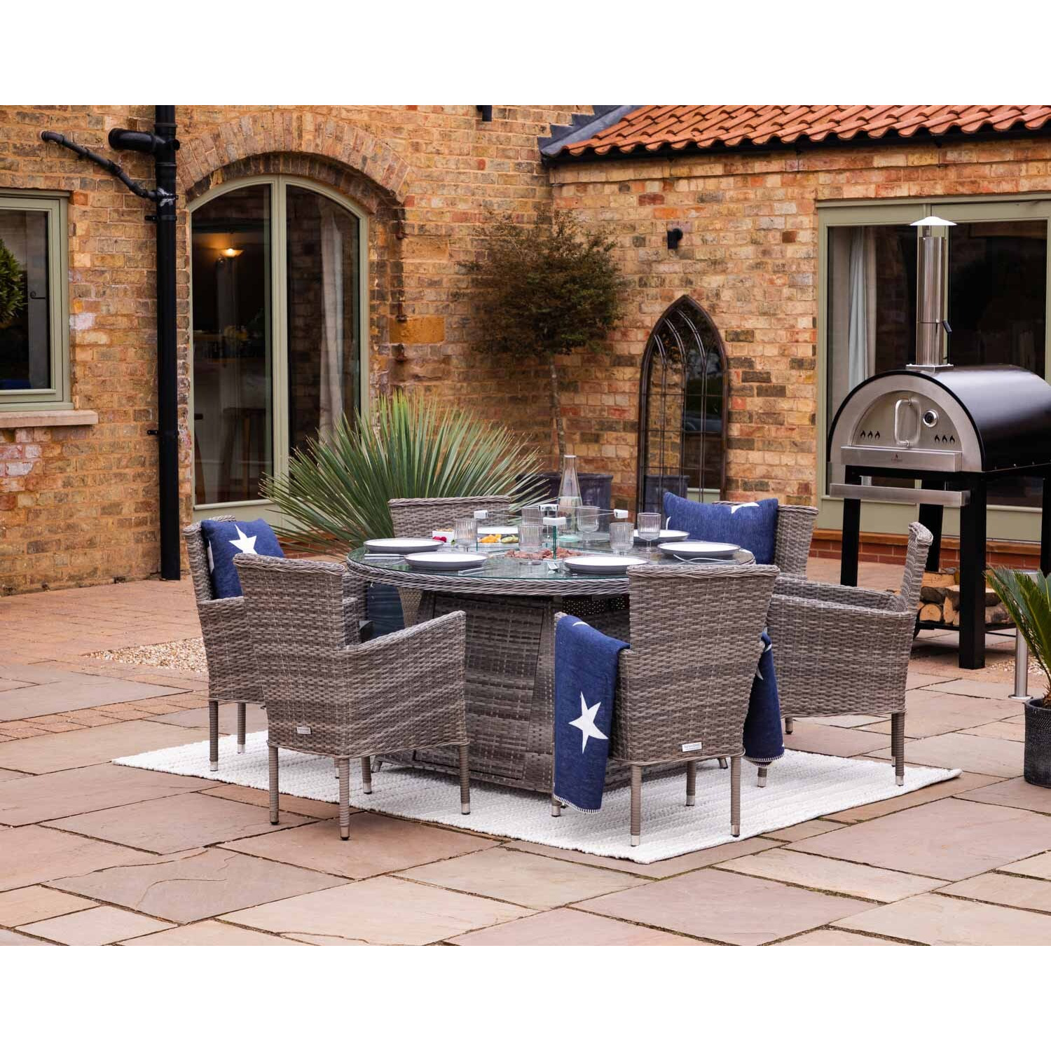 6 Seat Rattan Garden Dining Set With Round Table in Grey With Fire Pit - Cambridge - Rattan ...