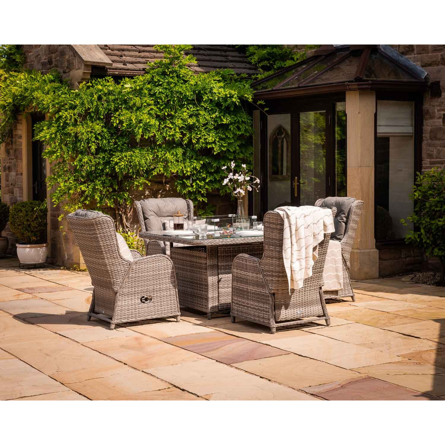 4 Reclining Rattan Garden Chairs & Square Fire Pit Dining Table in Grey ...