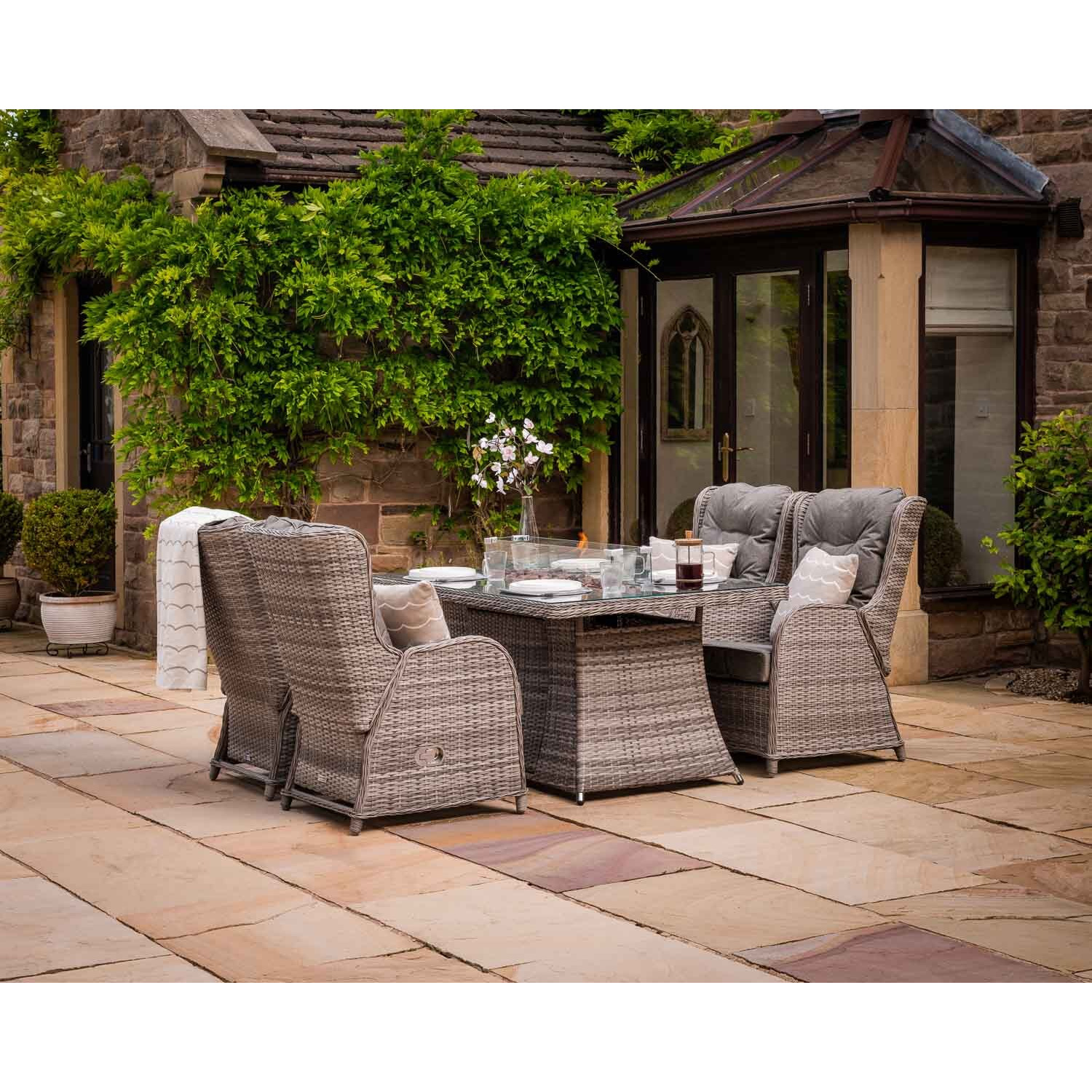 4 Reclining Rattan Garden Chairs & Rectangular Fire Pit Dining Table in ...