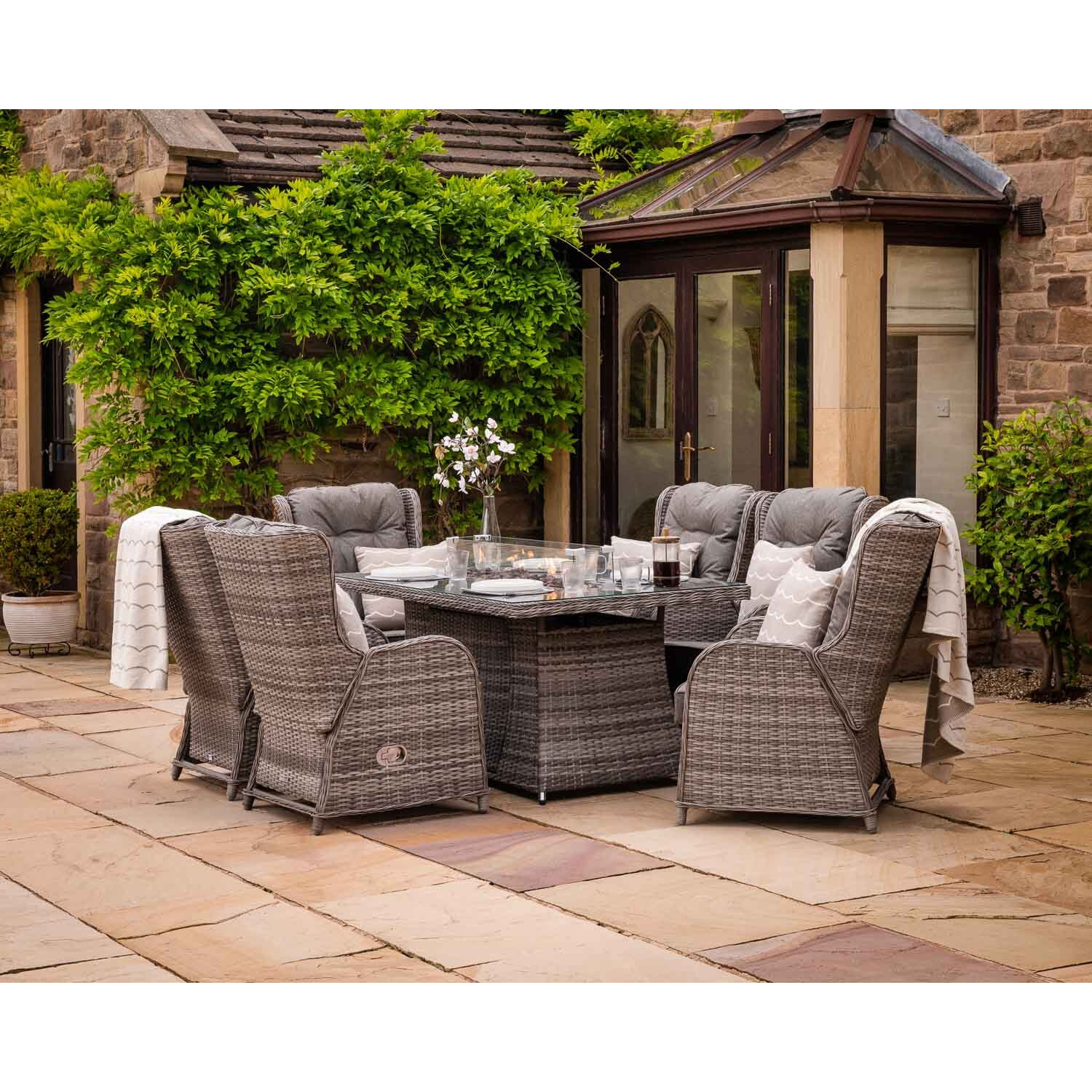 6 Reclining Rattan Garden Chairs & Rectangular Fire Pit Dining Table in ...