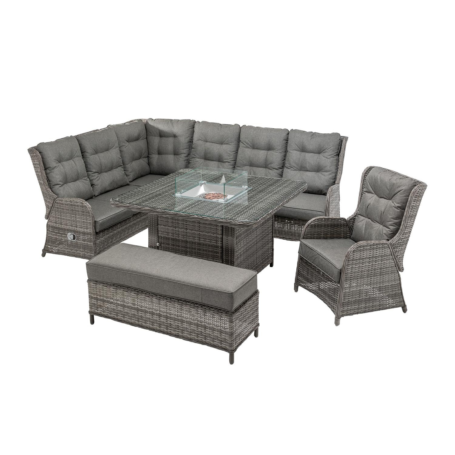 Reclining Rattan Corner Sofa Set with Square Fire Pit Table in Grey ...