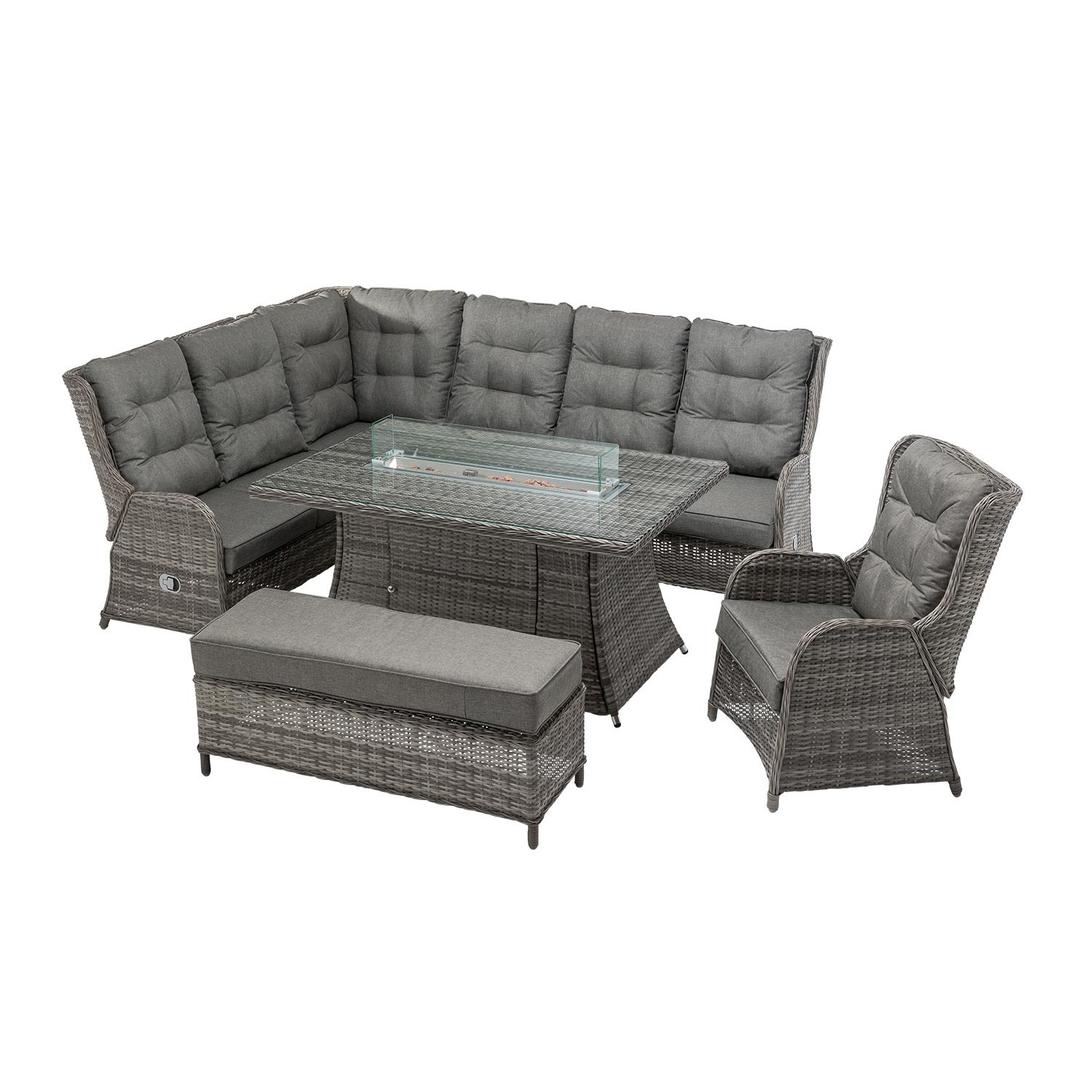 Reclining Rattan Corner Sofa Set with Rectangular Fire Pit Dining Table in Grey - Fiji - Rattan ...