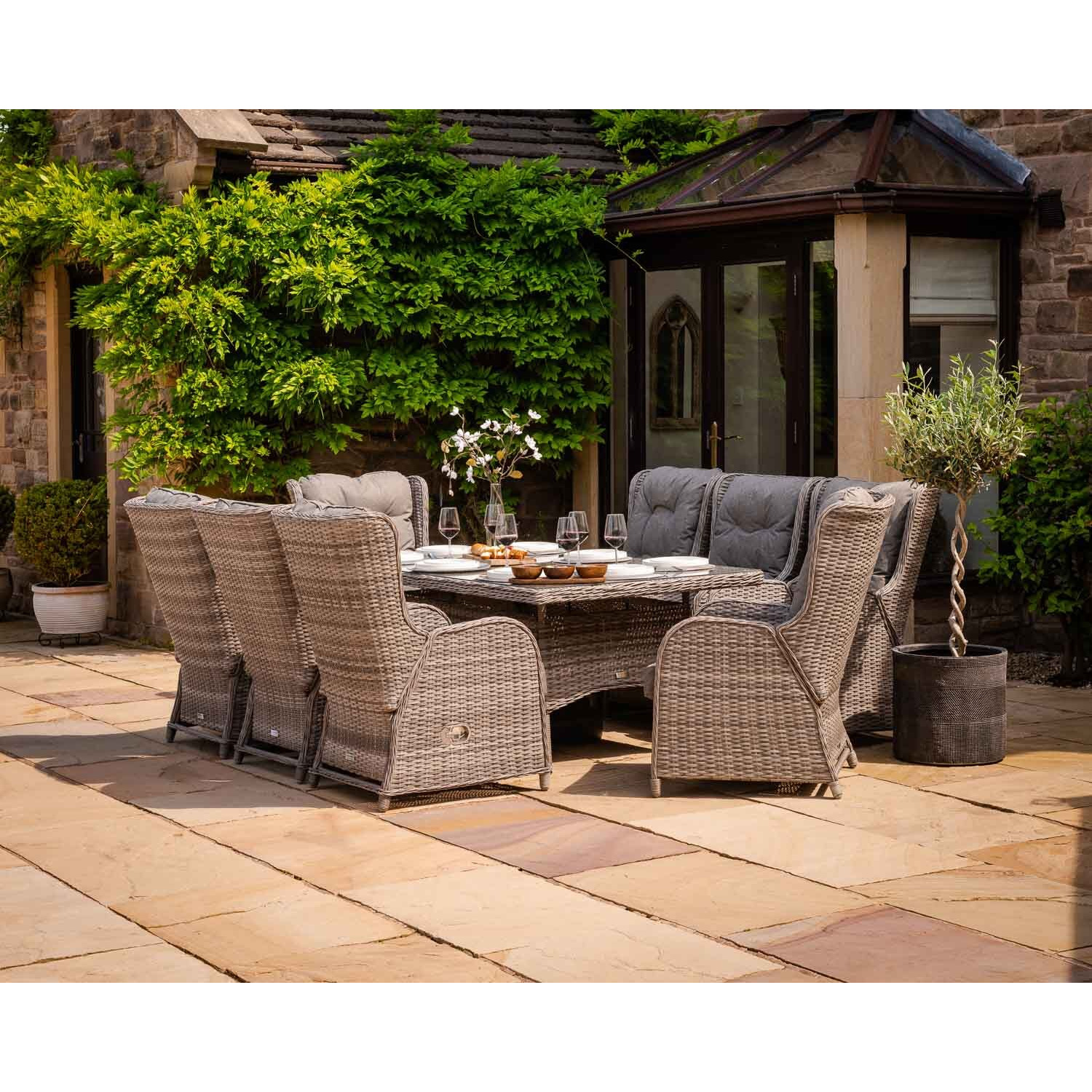 Reclining Rattan Garden Dining Set with 8 Chairs & Large Rectangular ...