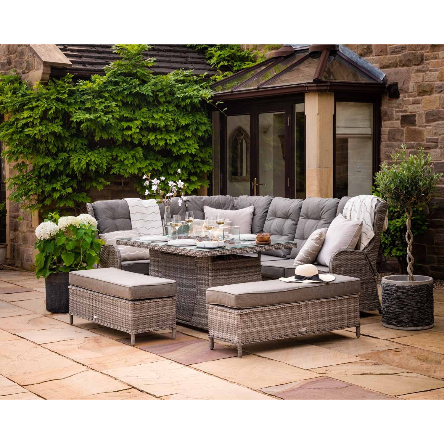Rattan Garden Reclining Corner Sofa Set with Rectangular Fire Pit ...