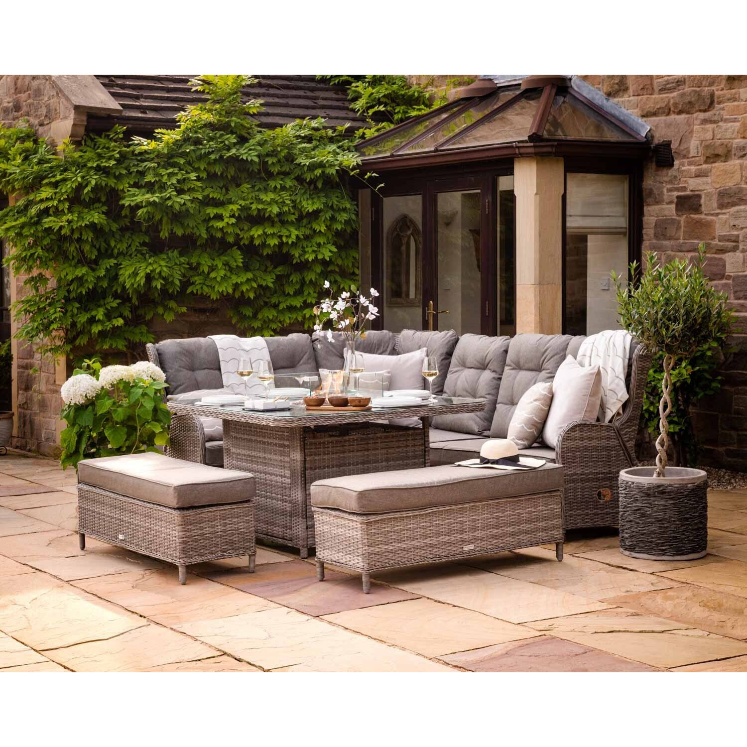 Rattan Garden Reclining Corner Sofa Set with Square Fire Pit Dining ...