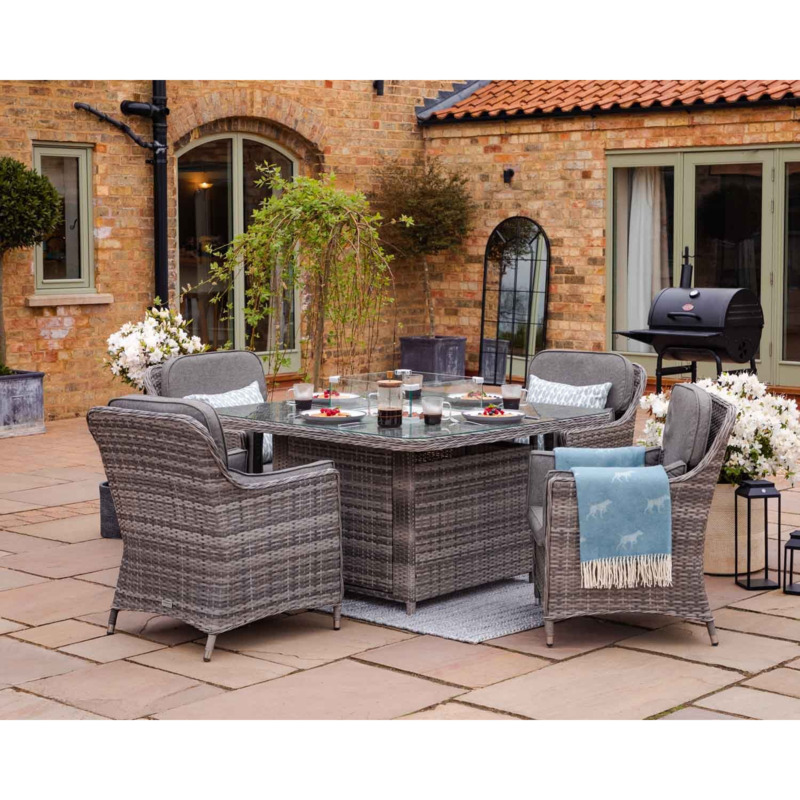 4 Seat Rattan Garden Dining Set With Square Table in Grey With Fire Pit ...