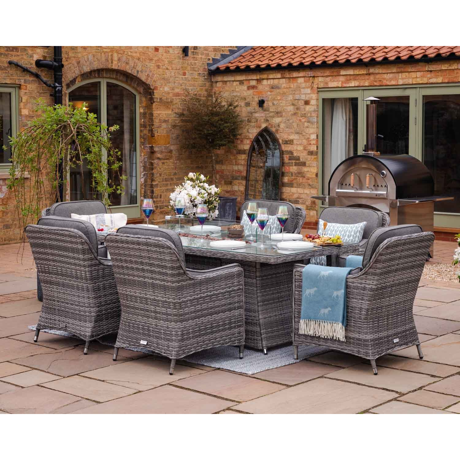 6 Seater Rattan Garden Dining Set With Round Table in Grey With Fire ...