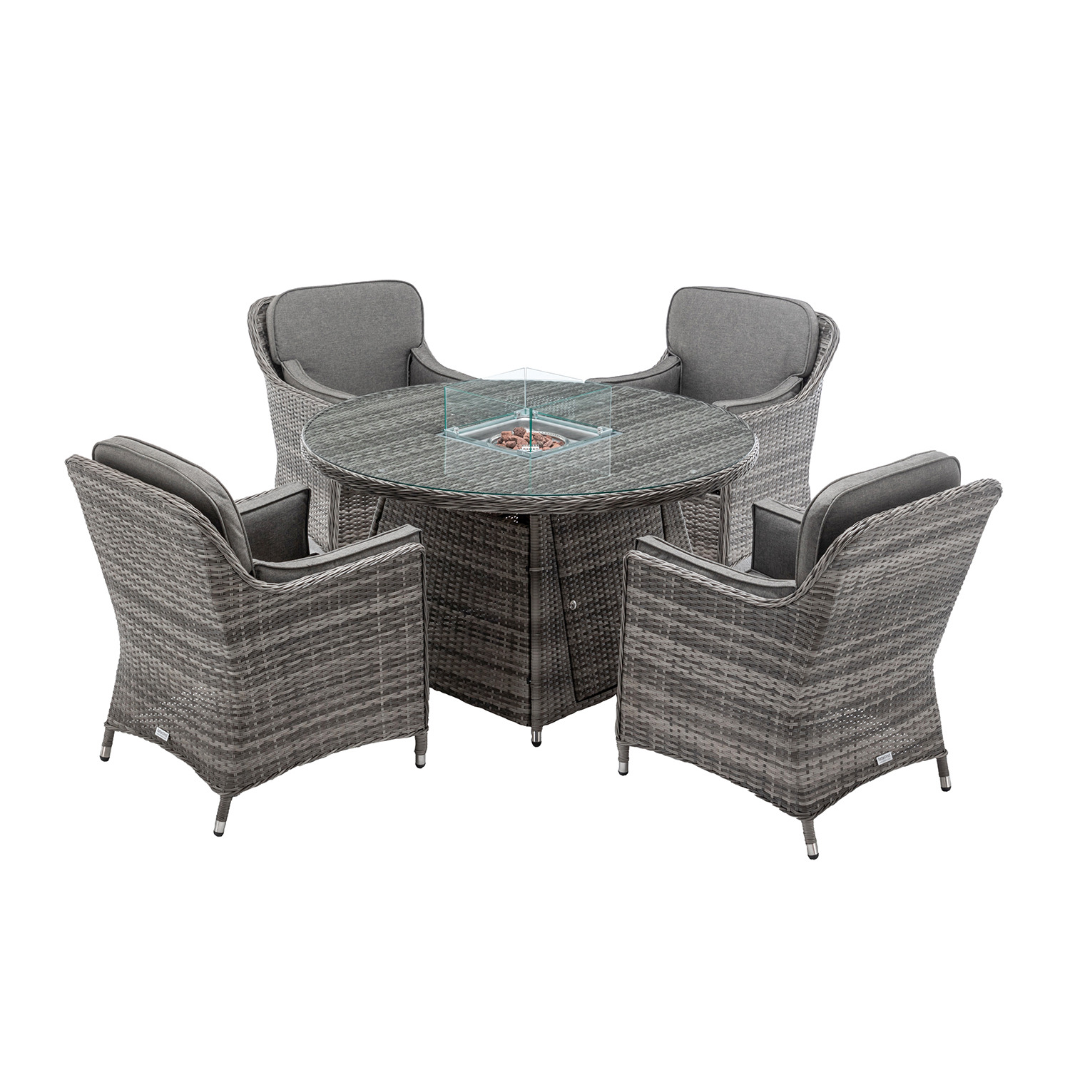 4 Seat Rattan Garden Dining Set With Round Table in Grey With Fire Pit ...